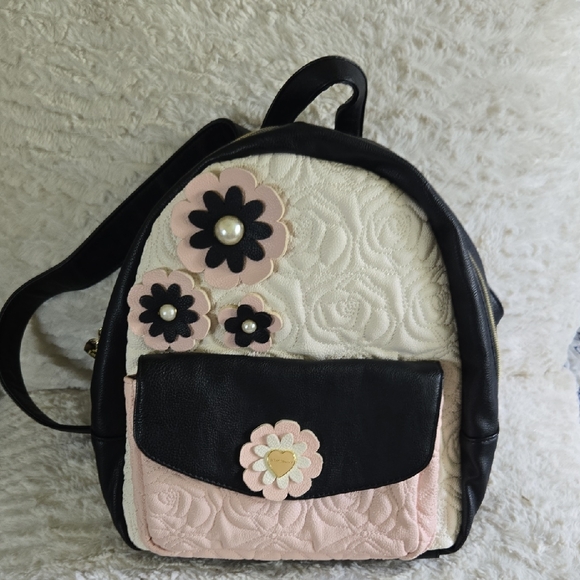 Bags | Betsy Johnson Floral Quilted Backpack With Pink And Black ...
